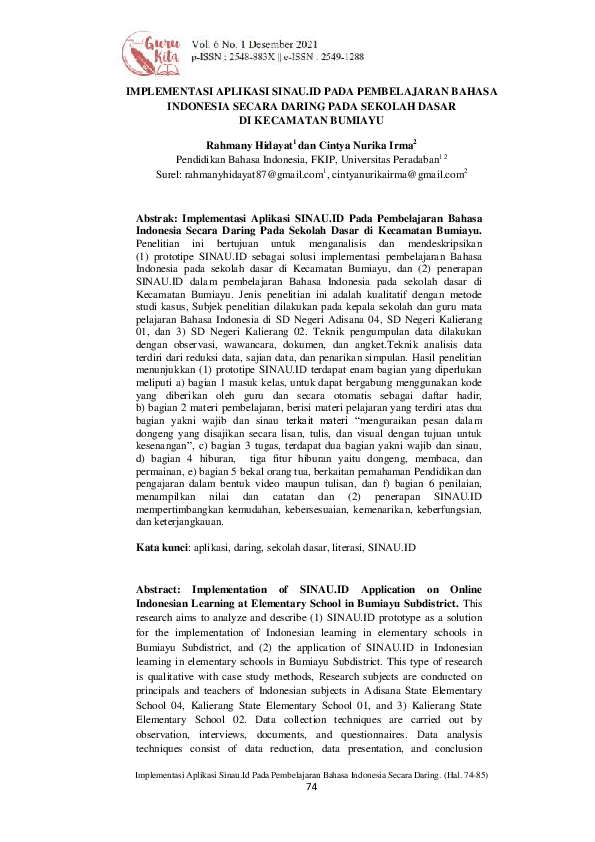 (PDF) Implementasi Aplikasi SINAU.ID Pada Pembelajaran Bahasa Indonesia Secara Daring Pada ...