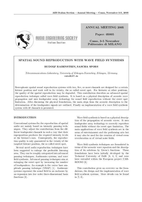 (PDF) Spatial Sound Reproduction with Wave Field Synthesis