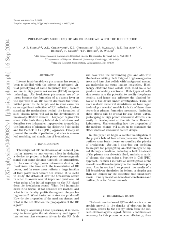 (PDF) Preliminary modeling of air breakdown with the ICEPIC code