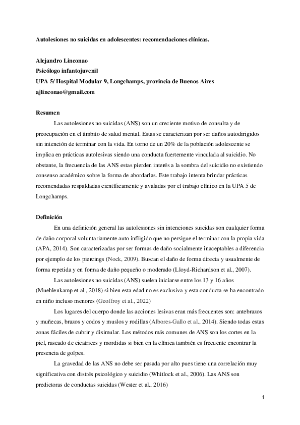 (PDF) Autolesiones no suicidas en adolescentes: recomendaciones clínicas (PDF) Autolesiones no suicidas en adolescentes: recomendaciones clínicas