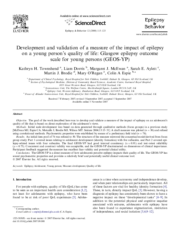 (PDF) Development and validation of a measure of the impact of epilepsy on a young person’s ...