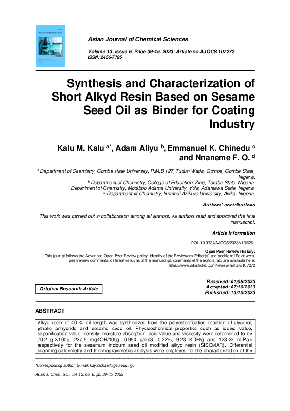 (PDF) Synthesis and Characterization of Short Alkyd Resin Based on Sesame Seed Oil as Binder for ...