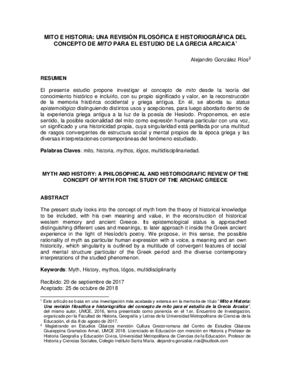 (PDF) Mito e historia: una revision filosofica e historiografica del concepto de mito para el ...