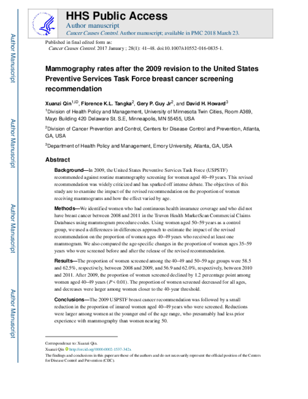 (PDF) Mammography rates after the 2009 revision to the United States ...