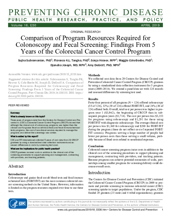 (PDF) Comparison of Program Resources Required for Colonoscopy and Fecal Screening: Findings ...