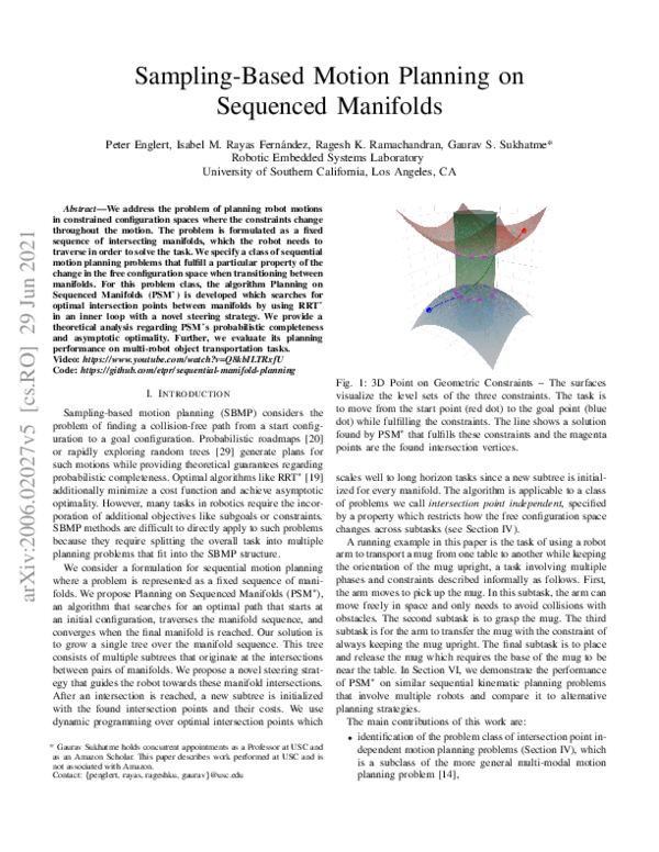 Pdf Sampling Based Motion Planning On Sequenced Manifolds