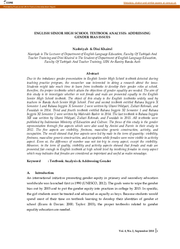 (PDF) English Senior High School Textbook Analysis: Addressing Gender Bias Issues