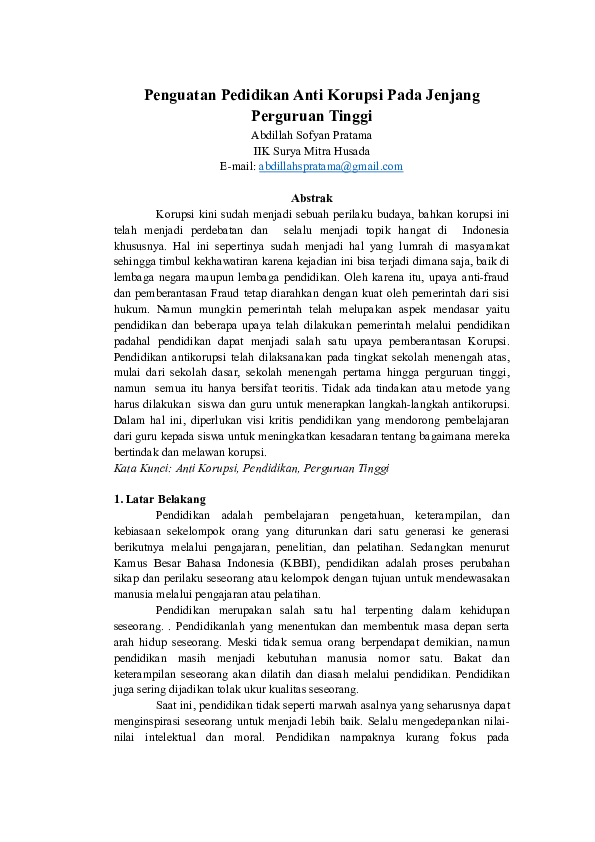 (DOC) Penguatan Pedidikan Anti Korupsi Pada Jenjang Perguruan Tinggi