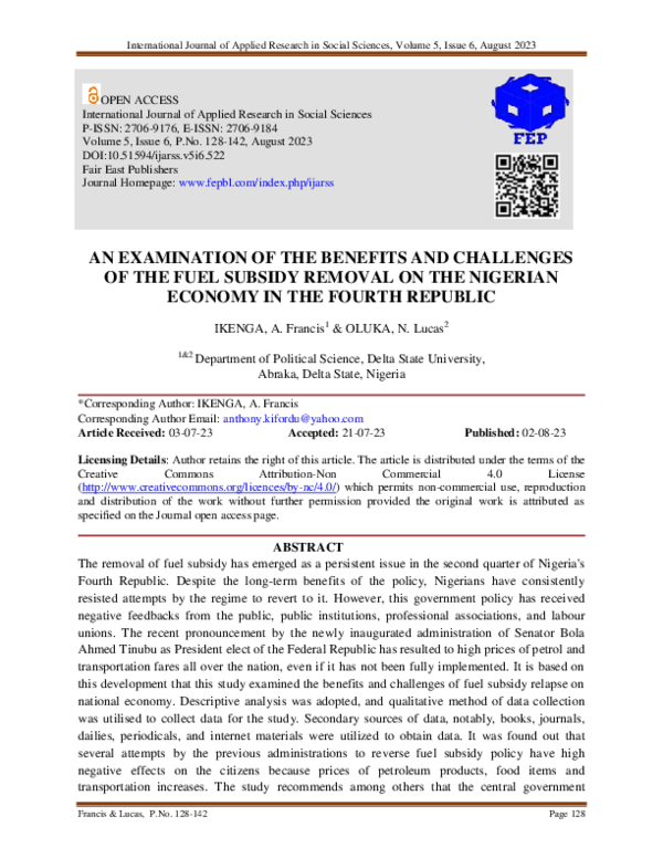 (PDF) An Examination of the Benefits and Challenges of the Fuel Subsidy Removal on the Nigerian ...