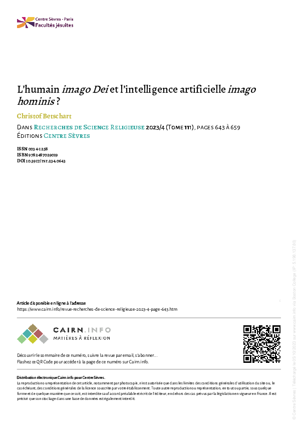 (PDF) «L’humain imago Dei et l’intelligence artificielle imago hominis ...