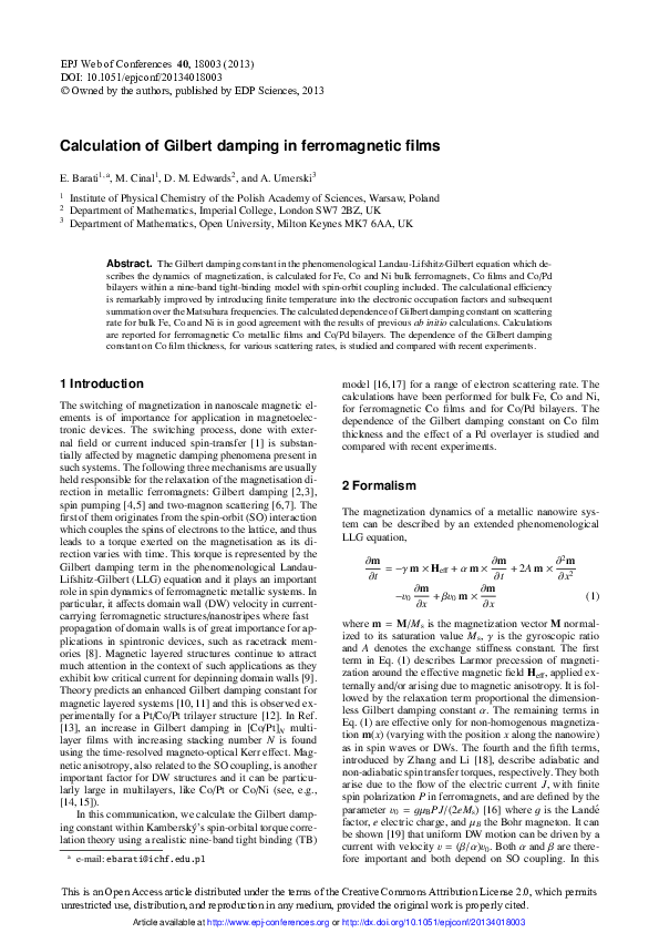 (PDF) Calculation of Gilbert damping in ferromagnetic ﬁlms
