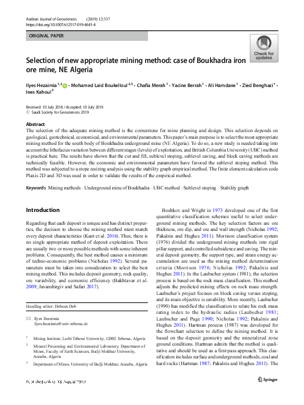 (PDF) Selection of new appropriate mining method: case of Boukhadra iron ore mine, NE Algeria