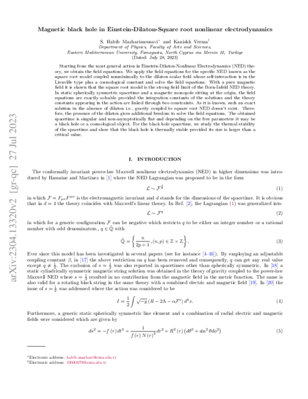 (PDF) Magnetic Black Hole in Einstein-Dilaton-Square Root Nonlinear ...