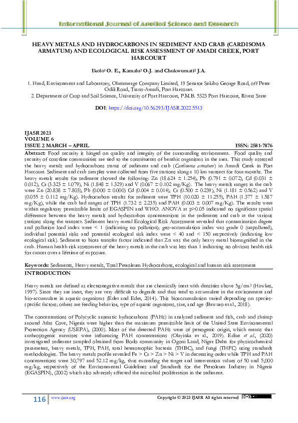 (PDF) HEAVY METALS AND HYDROCARBONS IN SEDIMENT AND CRAB (CARDISOMA ...