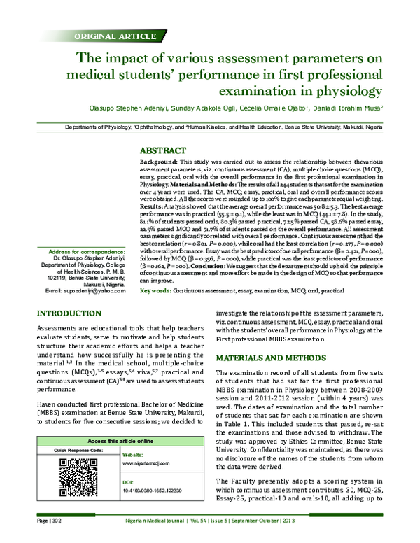 (PDF) The impact of various assessment parameters on medical students ...