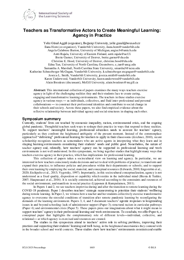 Pdf Teachers As Transformative Actors To Create Meaningful Learning
