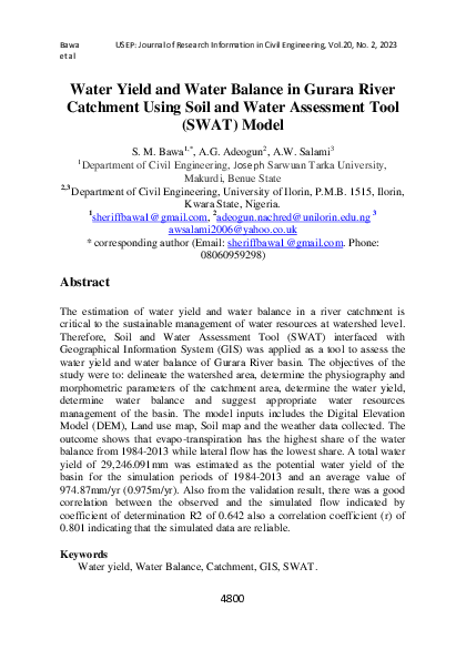 (PDF) Water Yield and Water Balance in Gurara River Catchment Using Soil and Water Assessment ...