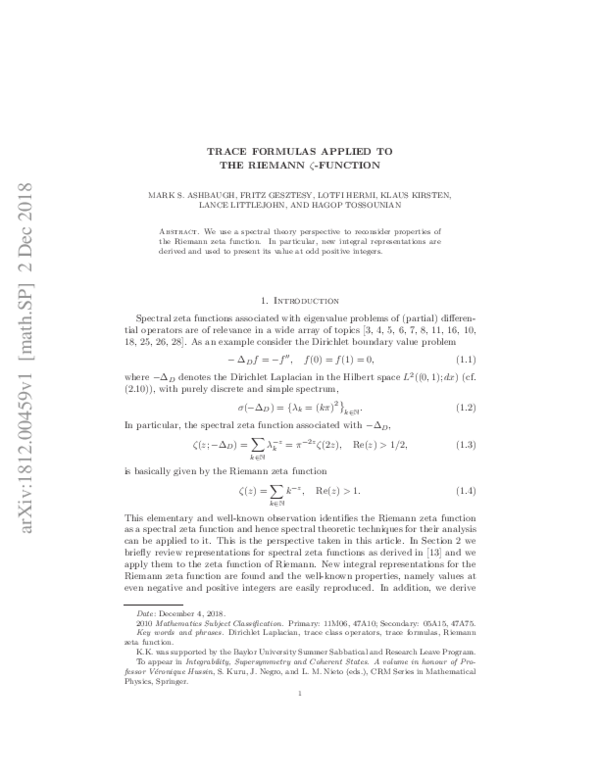(PDF) Trace formulas applied to the Riemann $\zeta$-function