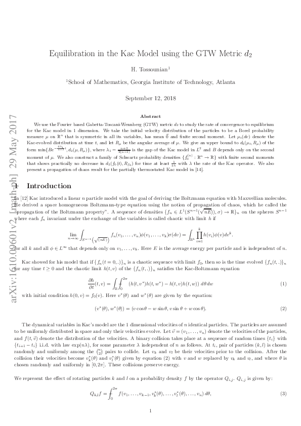 (PDF) Equilibration in the Kac Model Using the GTW Metric $$d_2$$