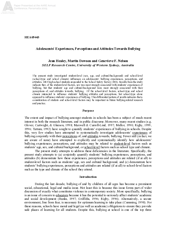 (PDF) Adolescents' experiences, perceptions and attitudes towards bullying