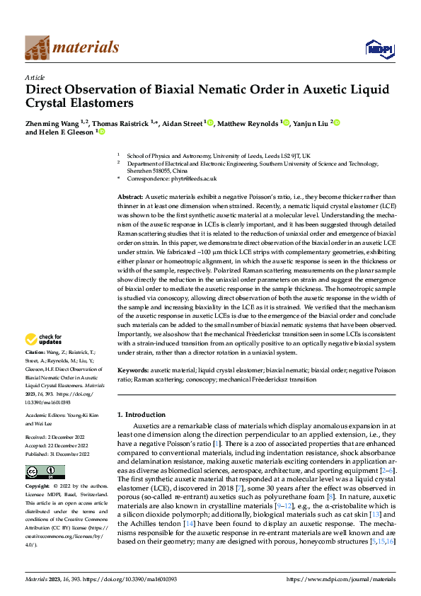 (PDF) Direct Observation of Biaxial Nematic Order in Auxetic Liquid ...