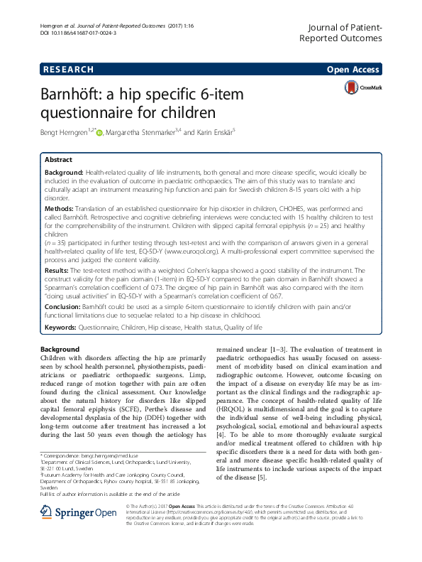 (PDF) Barnhöft: a hip specific 6-item questionnaire for children