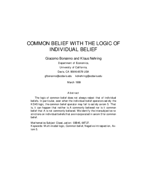 (PDF) Common Belief with the Logic of Individual Belief | Giacomo ...