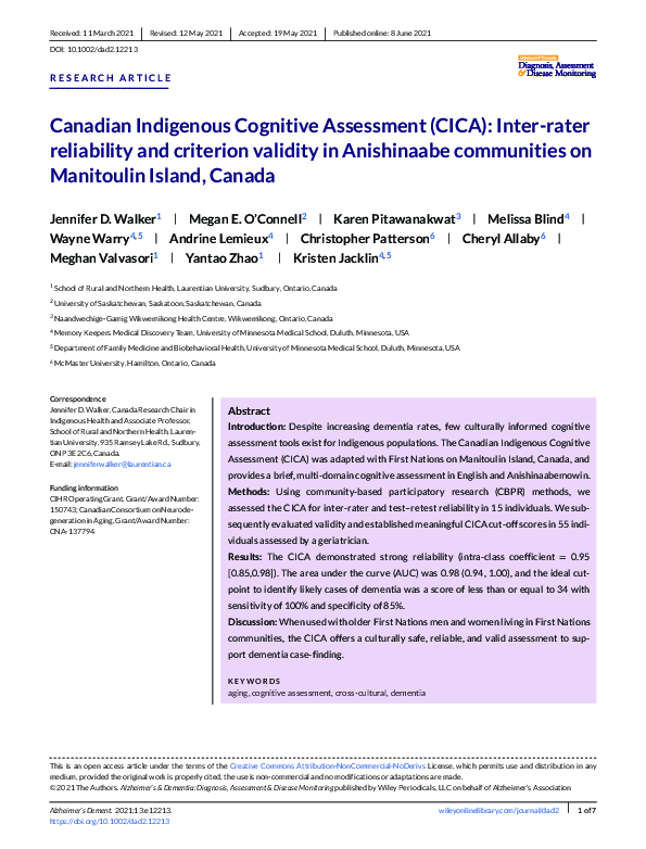 (PDF) Canadian Indigenous Cognitive Assessment (CICA): Inter‐rater ...