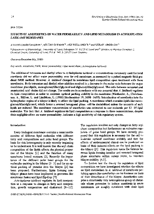 (PDF) Effects of anesthetics on water permeability and lipid metabolism ...