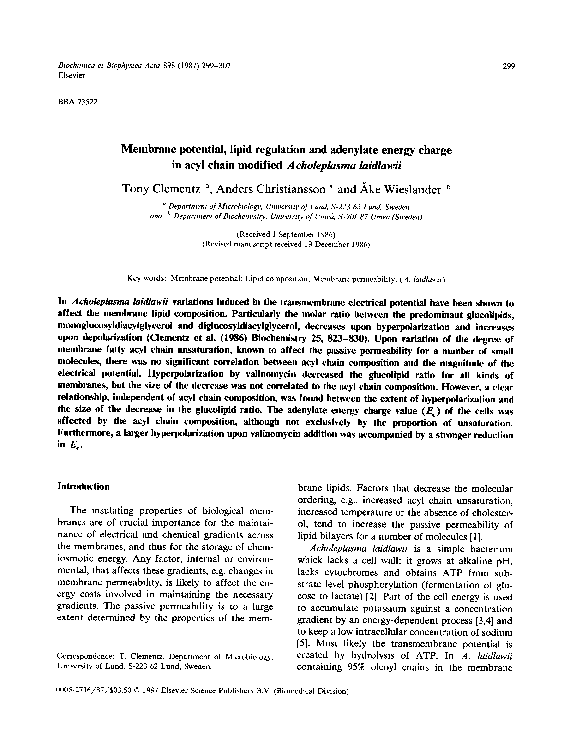 (PDF) Membrane potential, lipid regulation and adenylate energy charge ...