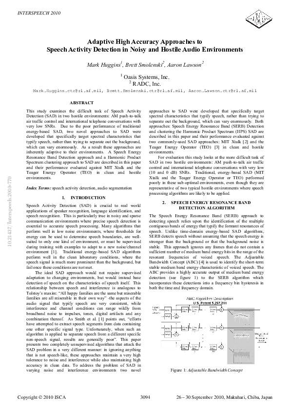 (PDF) Adaptive high accuracy approaches to speech activity detection in noisy and hostile audio ...