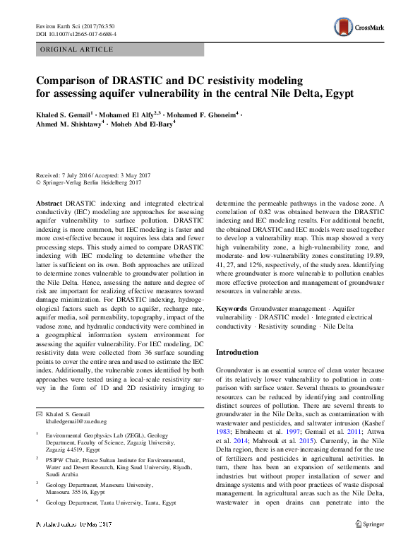 (PDF) Comparison of DRASTIC and DC resistivity modeling for assessing aquifer vulnerability in ...