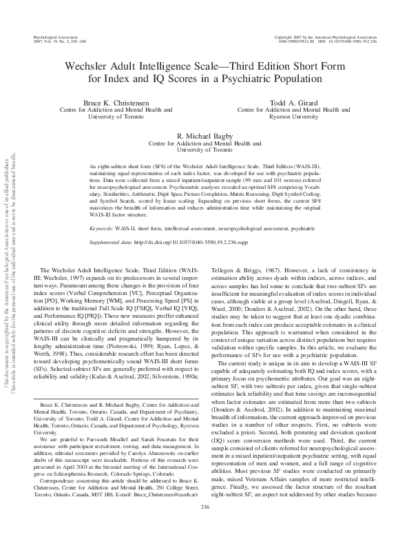 (PDF) Wechsler Adult Intelligence Scale–Third Edition profiles and ...