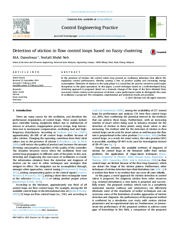Pdf Detection Of Stiction In Flow Control Loops Based On Fuzzy Clustering