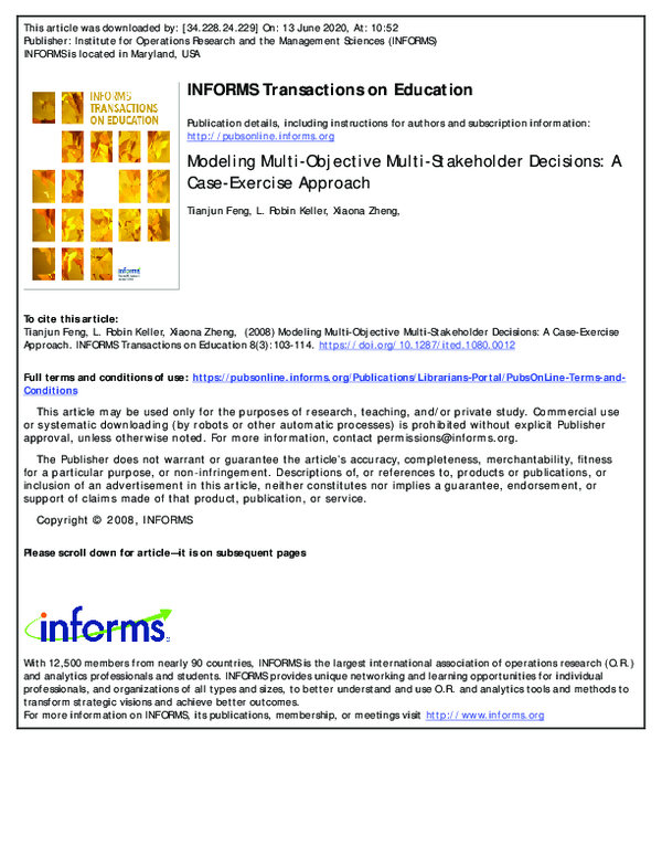 (PDF) Modeling Multi-Objective Multi-Stakeholder Decisions: A Case-Exercise Approach | Robin ...