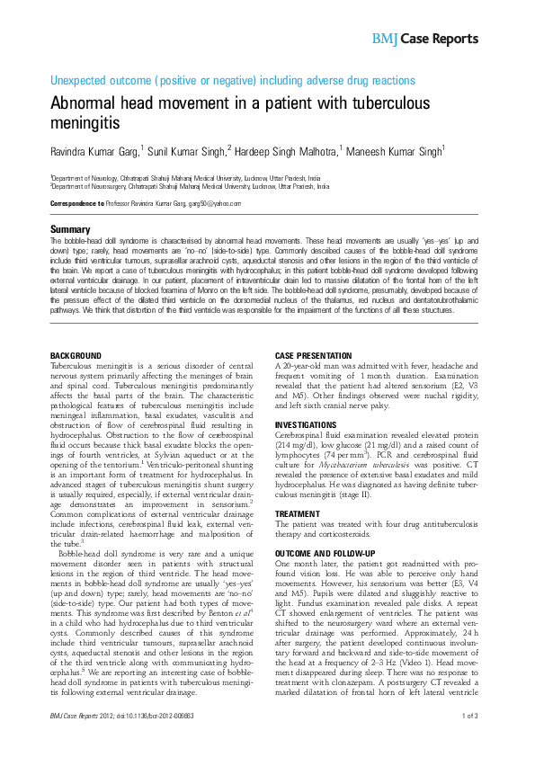 (PDF) Abnormal head movement in a patient with tuberculous meningitis