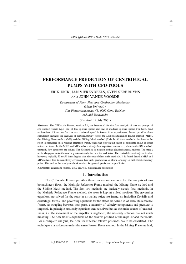 (PDF) Performance Prediction of Centrifugal Pumps with CFD-Tools
