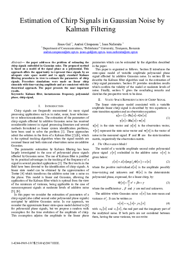 Pdf Estimation Of Chirp Signals In Gaussian Noise By Kalman Filtering Ioan Nafornita