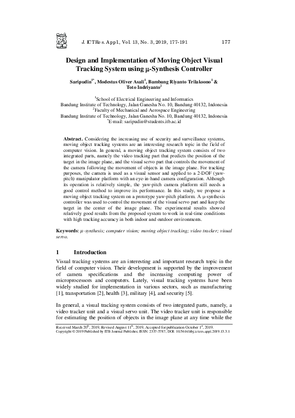 Pdf Design And Implementation Of Moving Object Visual Tracking System Using μ Synthesis Controller