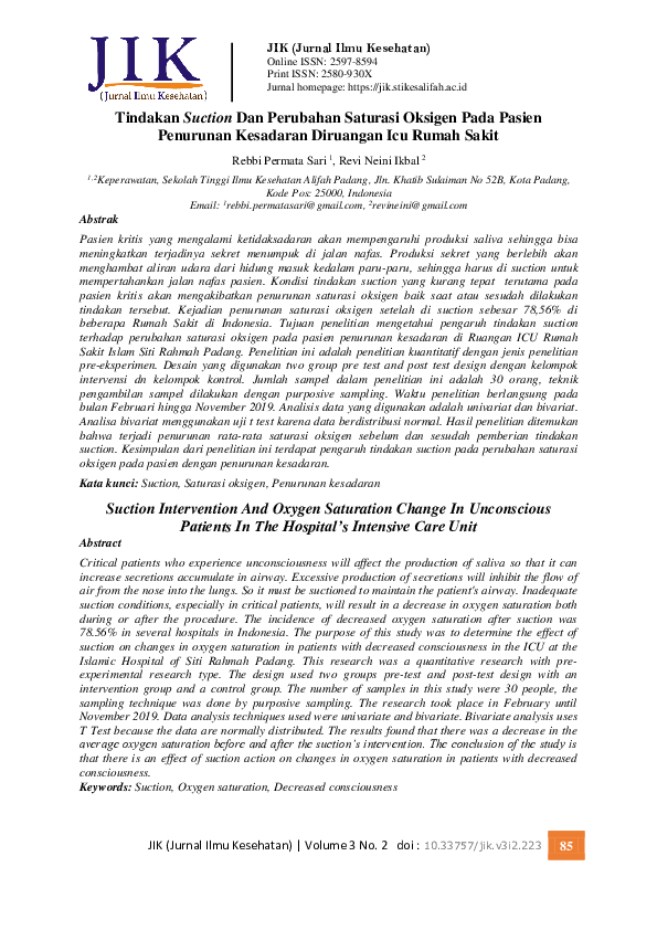 (PDF) Tindakan Suction dan Perubahan Saturasi Oksigen pada Pasien ...