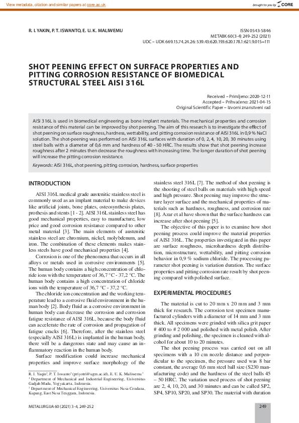 (PDF) Shot peening effect on surface properties and pitting corrosion resistance of biomedical ...