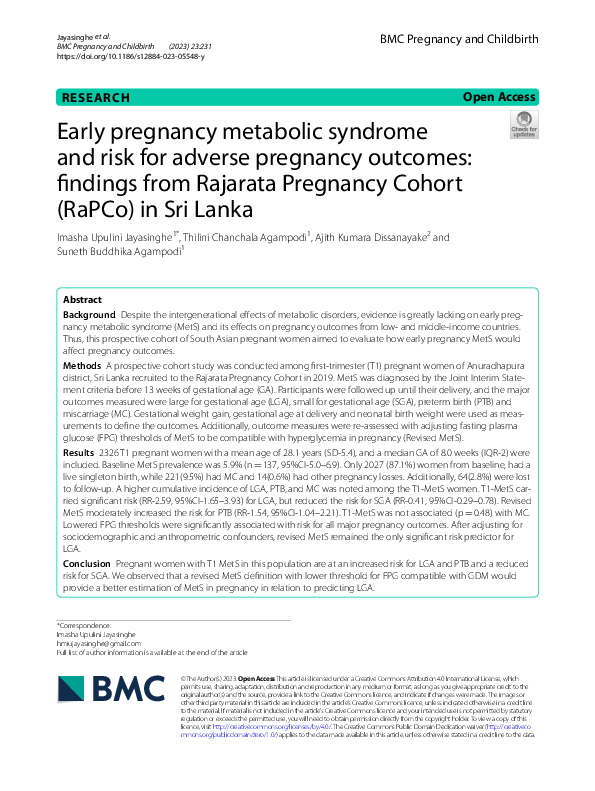 (PDF) Early pregnancy metabolic syndrome and risk for adverse pregnancy outcomes: findings from ...