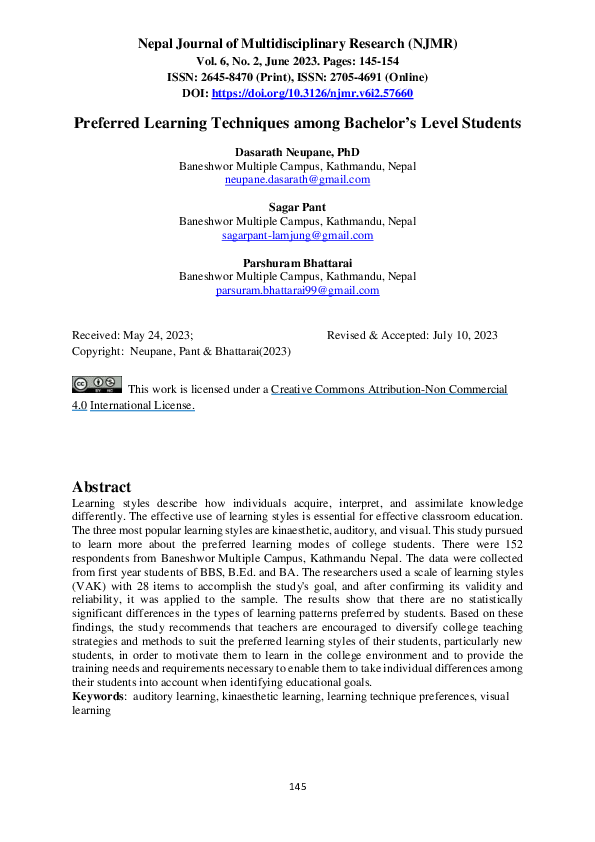(PDF) Preferred Learning Techniques among Bachelor’s Level Students