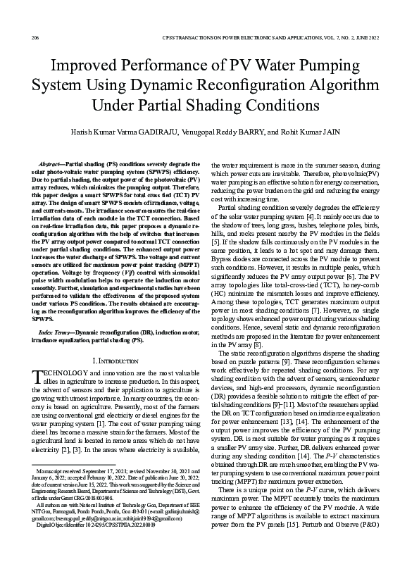 Pdf Improved Performance Of Pv Water Pumping System Using Dynamic Reconfiguration Algorithm