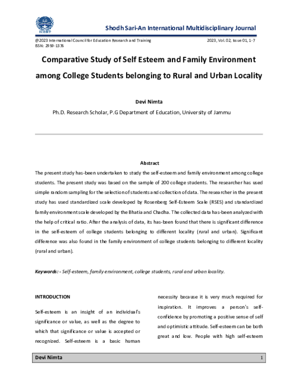 (PDF) Comparative Study of Self Esteem and Family Environment among College Students belonging ...