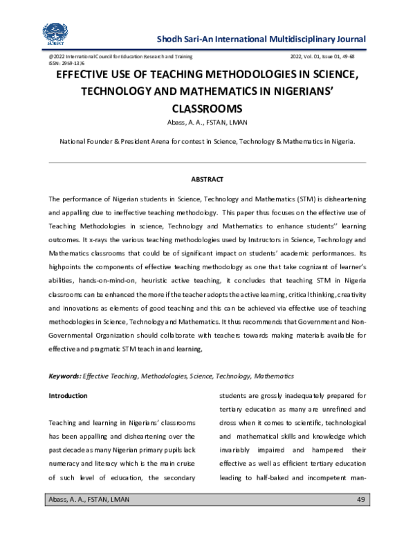 (PDF) Effective Use of Teaching Methodologies in Science, Technology ...
