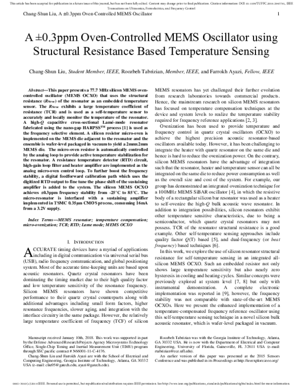 (PDF) A ±0.3 ppm Oven-Controlled MEMS Oscillator Using Structural Resistance-Based Temperature ...