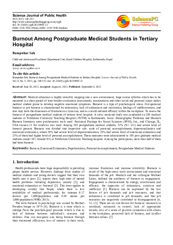 (PDF) Burnout Among Postgraduate Medical Students in Tertiary Hospital