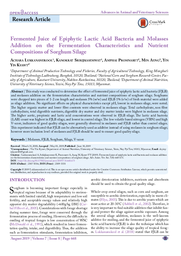 Pdf Fermented Juice Of Epiphytic Lactic Acid Bacteria And Molasses Addition On The