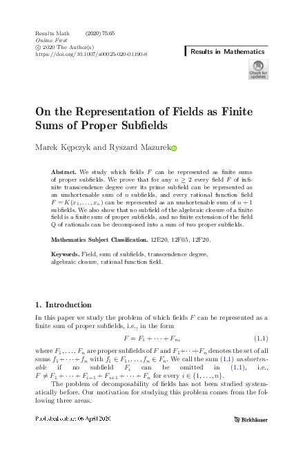 (PDF) On the Representation of Fields as Finite Sums of Proper Subfields